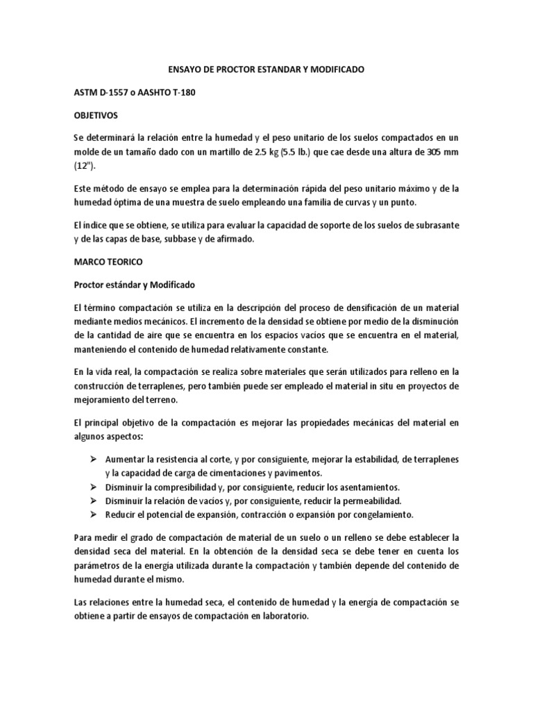 Ensayo de Proctor Estandar y Modificado | PDF | Densidad | Naturaleza Ensayo de Proctor Estandar y Modificado | PDF | Densidad | Naturaleza