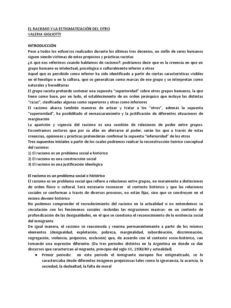 Resumen - El Racismo y La Estigmatización Del Otro | PDF | Racismo ...