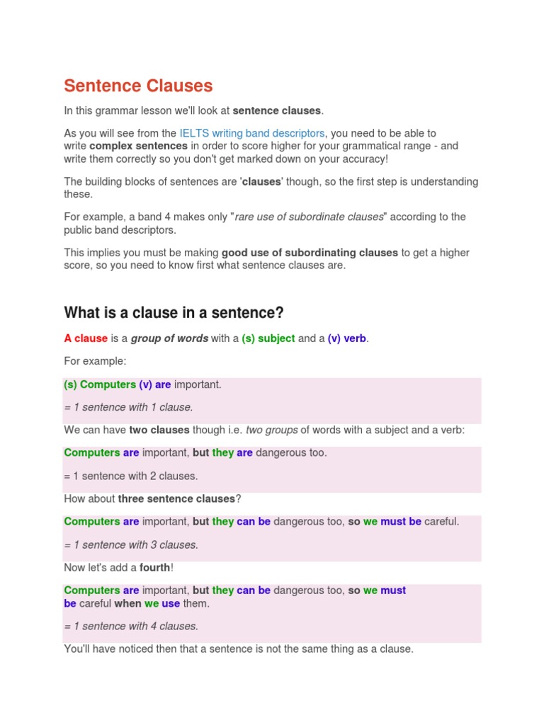 Sentence Clauses: What Is A Clause in A Sentence? | PDF | Sentence ...
