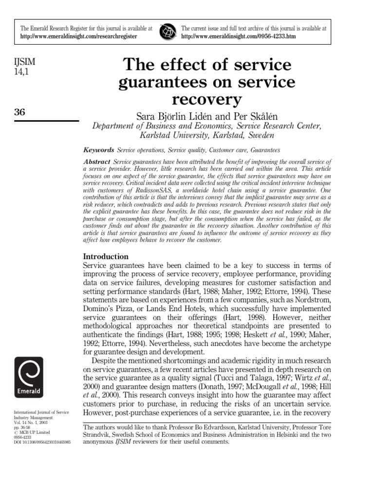 The Effect of Service Guarantees On Service Recovery: Sara Bjoèrlin ...