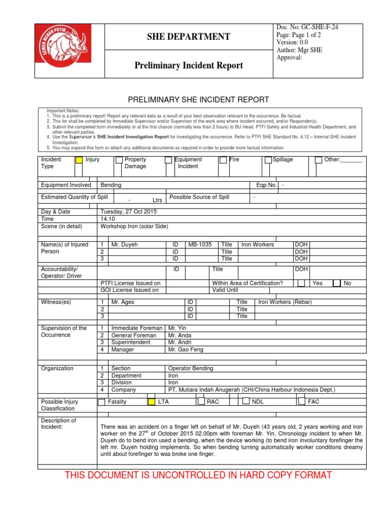 Preliminary SHE Incident Report | PDF | Business