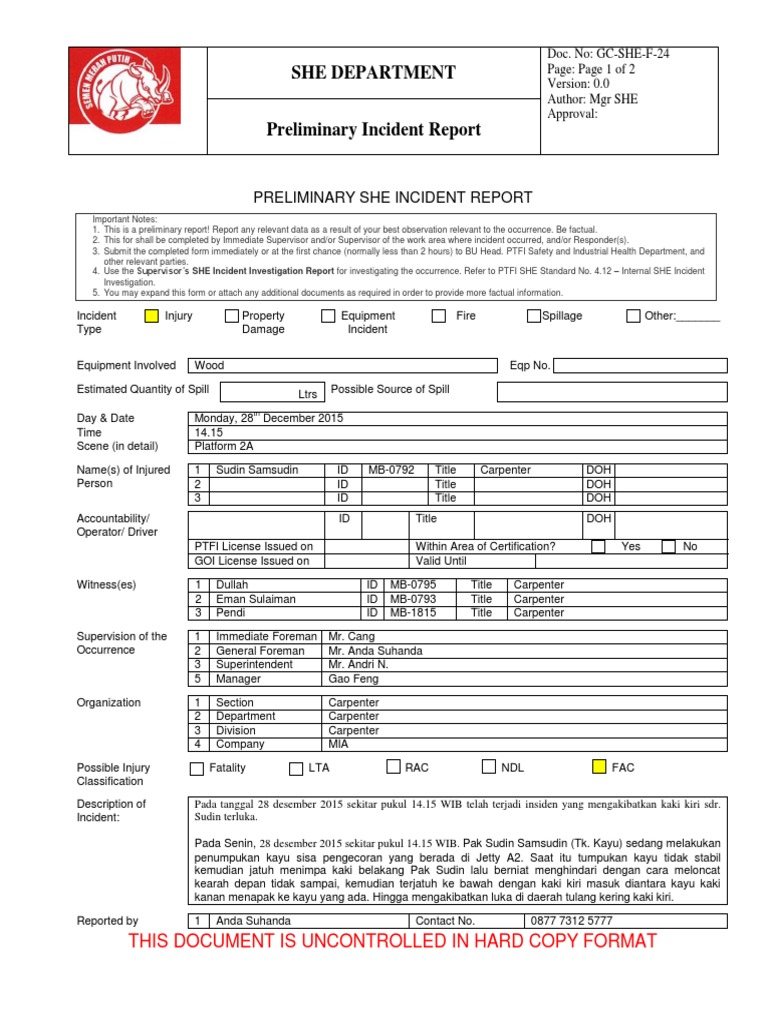 Preliminary Incident Report Sudin Samsudin Senin-28 December 2015 | PDF ...