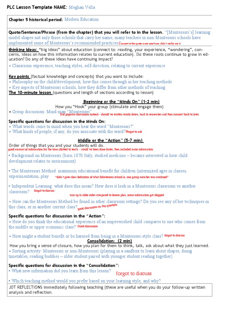 PLC Lesson Plan Meghan Vella | PDF | Montessori Education | Lesson Plan