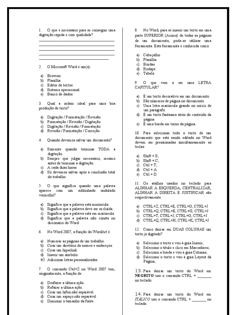 Prova de Word - A Basica | PDF | Teclado de computador | Texto