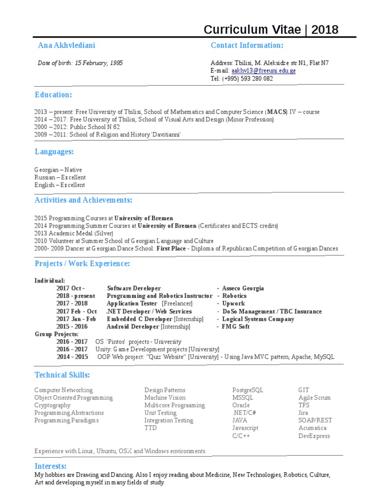 CV - Ana Akhvlediani - Odt | PDF | Computer Programming | Software Development