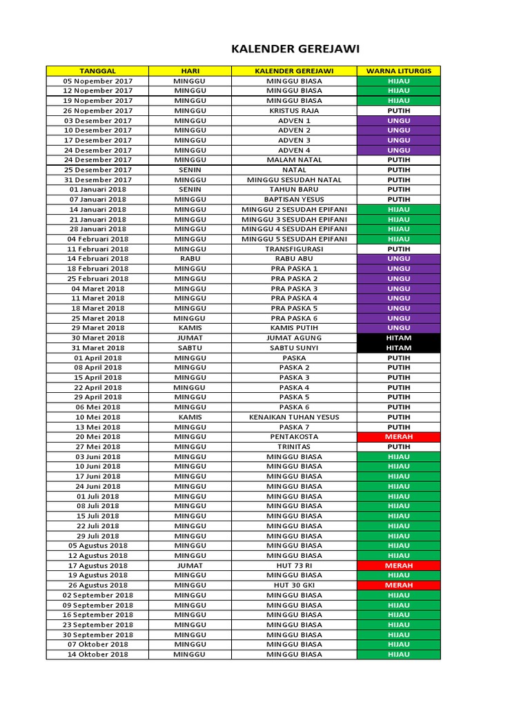 Kalender Liturgi Gereja 2017-2018 | PDF
