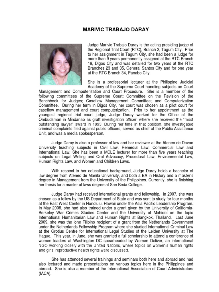 Judge Marivic Trabajo Daray's Profile | PDF | Judge | Social Institutions