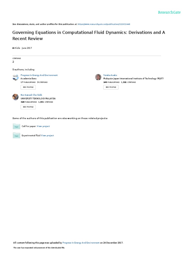 Governing Equations In Computational Fluid Dynamics Derivations And A Recent Review Pdf