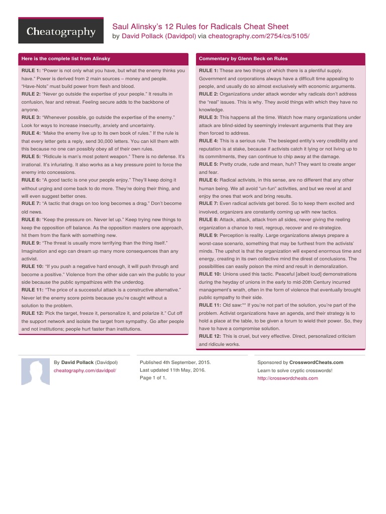 Saul Alinsky's 12 Rules For Radicals Cheat Sheet: by Via | PDF