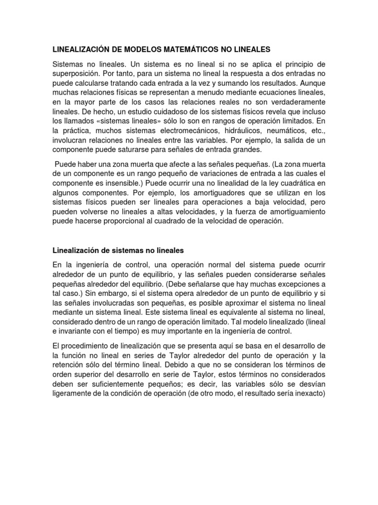 Linealizacion de modelos matematicos no lineales | Linealidad | Sistema ...