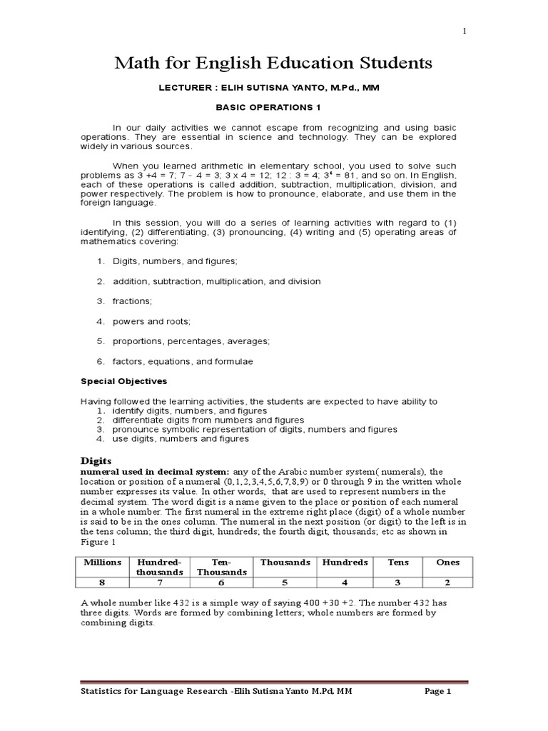 Basic Operations 1 For English Education Students | PDF | Numbers | Integer