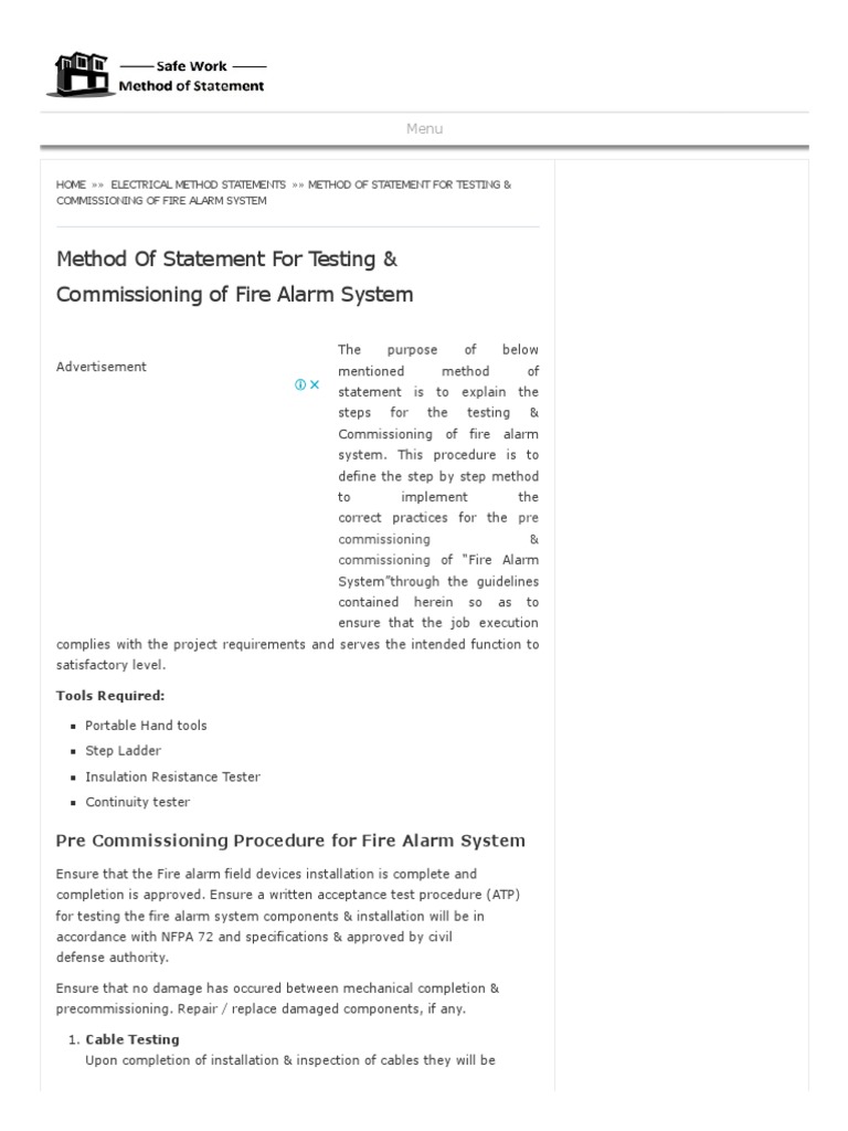 Method Of Statement For Testing And Commissioning Of Fire Alarm System