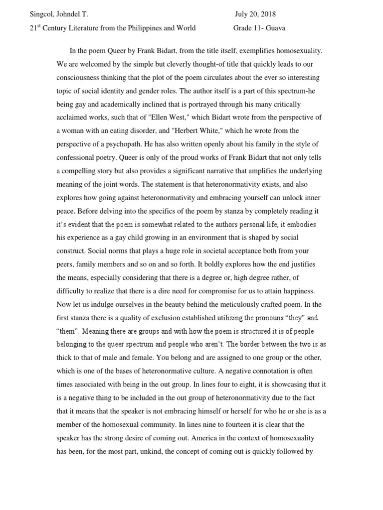 Analysis of The Poem "Queer" by Frank Bidart Using Queer Theory | PDF ...