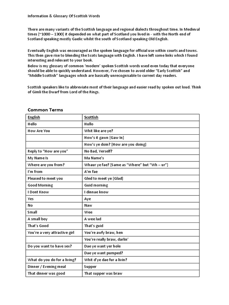 Scottish Language Glossary & Terms | PDF | Scotland | English Language