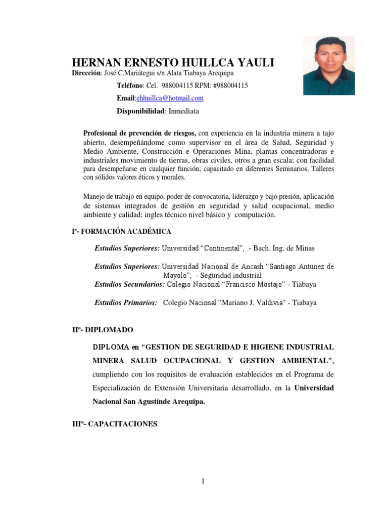 Curriculum Vitae - Hernan Huillca | PDF | Minería | Educación avanzada
