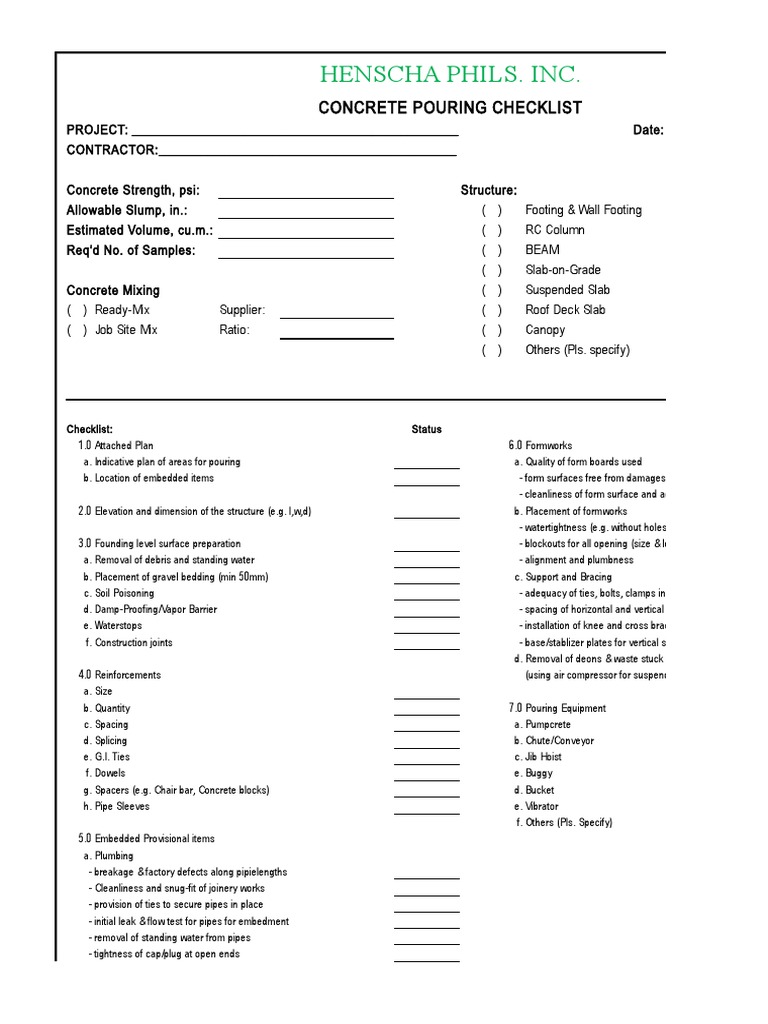Henscha Phils. Inc.: Concrete Pouring Checklist | PDF | Concrete | Pipe ...