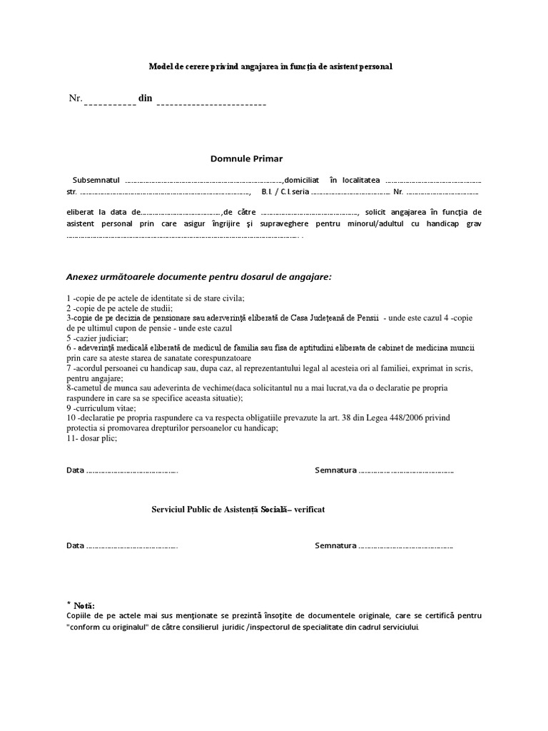 Model de cerere pentru angajare în calitate de asistent personal