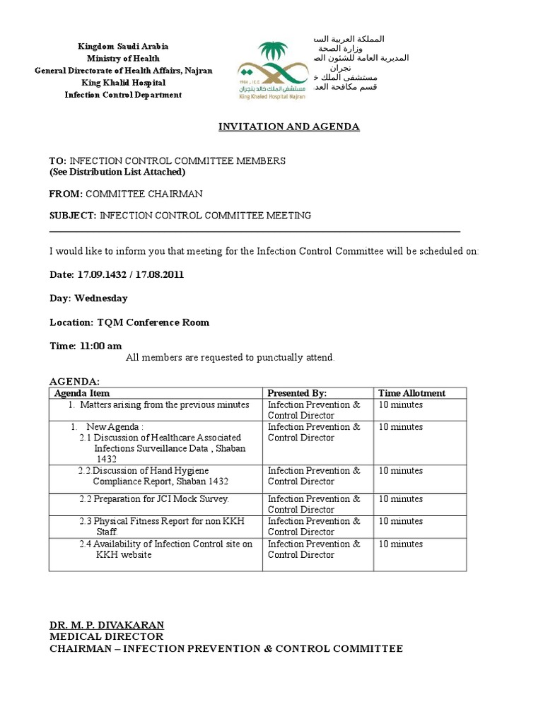 Icc Meeting Agenda | PDF | Infection Control | Hygiene