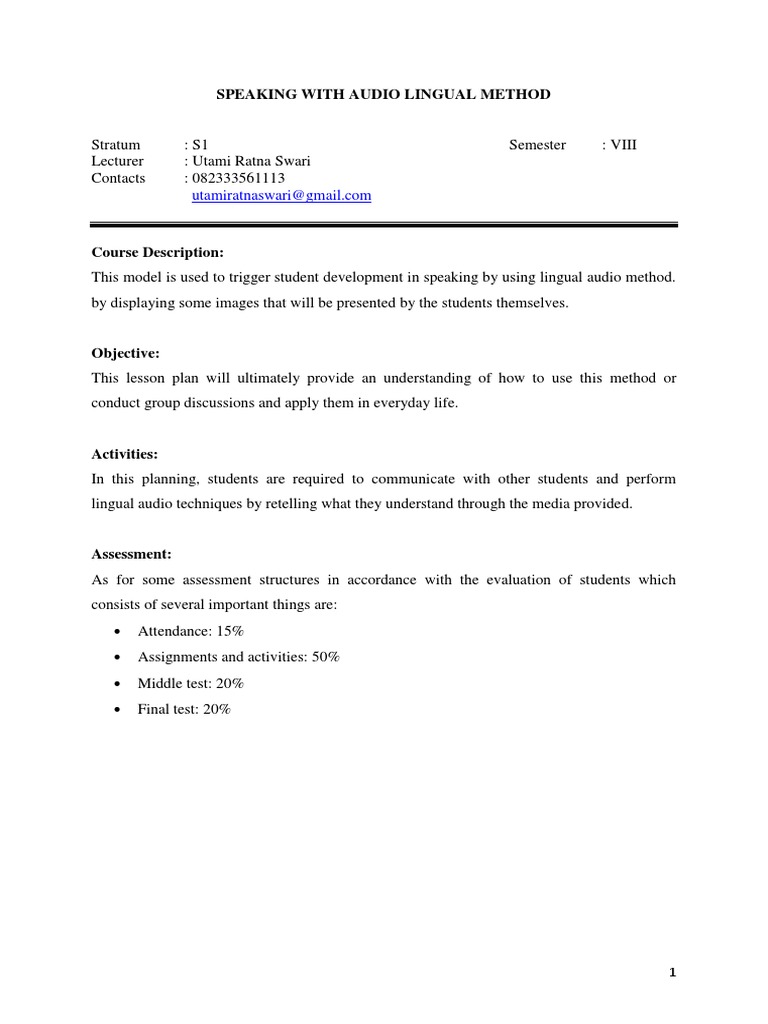 Speaking With Audio Lingual Method (Lesson Plan) Oca | PDF | Lesson ...