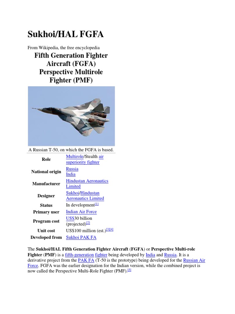 Sukhoi/HAL FGFA: Fifth Generation Fighter Aircraft (FGFA) Perspective ...