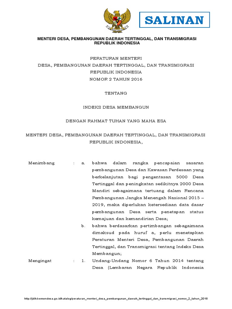 Permendes PDTT No.2 Tahun 2016 Tentang Indeks Desa Membangun | PDF