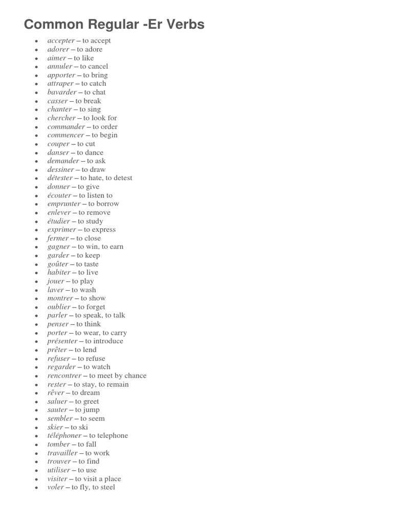 Common Regular ER IR RE Verbs List | PDF