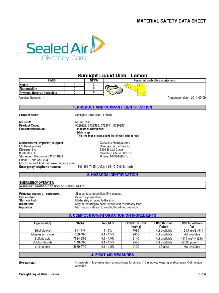 Sunlight Liquid Dish - Lemon: Material Safety Data Sheet | PDF ...