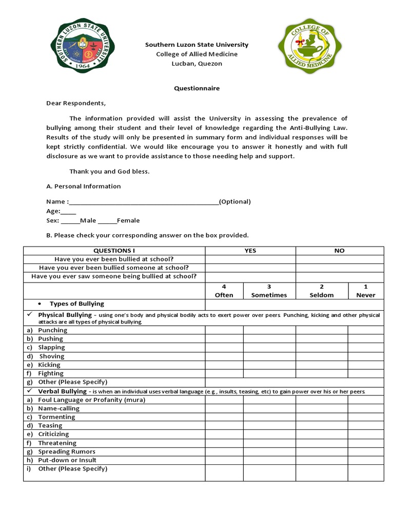 Bullying Questionnaire 2018 | PDF | Bullying | Psychology