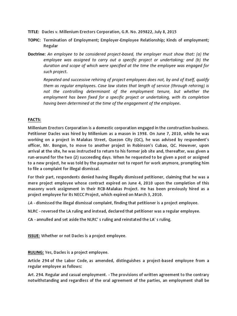 Dacles v. Millenium Erectors Corporation | Download Free PDF ...