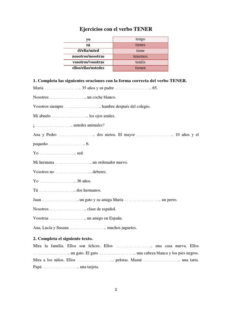 Ejercicios del verbo TENER en español | PDF