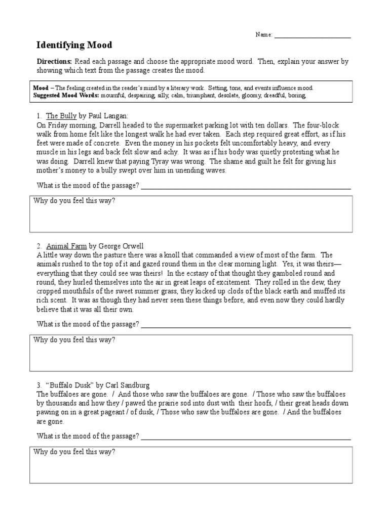 Identifying Mood: Directions: Read Each Passage and Choose The ...