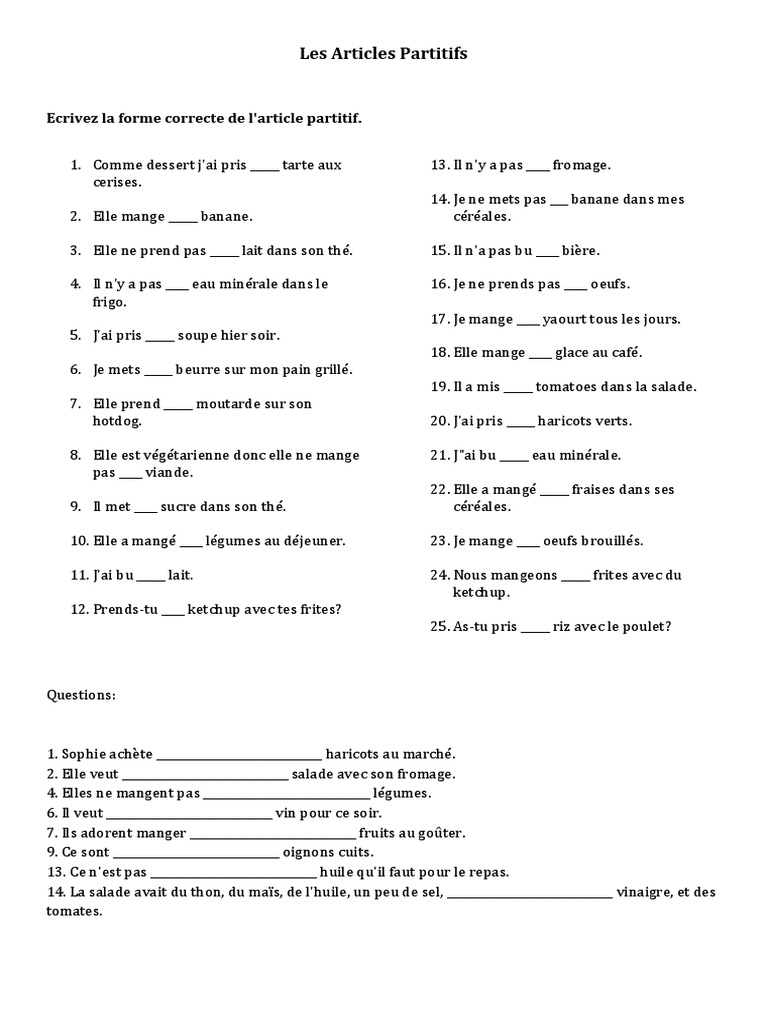 Exercices sur les articles partitifs | PDF | Ketchup | Cuisine