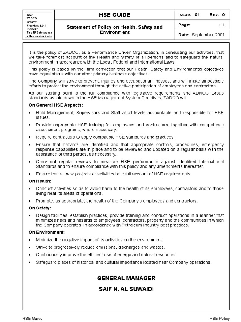 Zadco Hse Policy | PDF | Occupational Safety And Health | Public Sphere