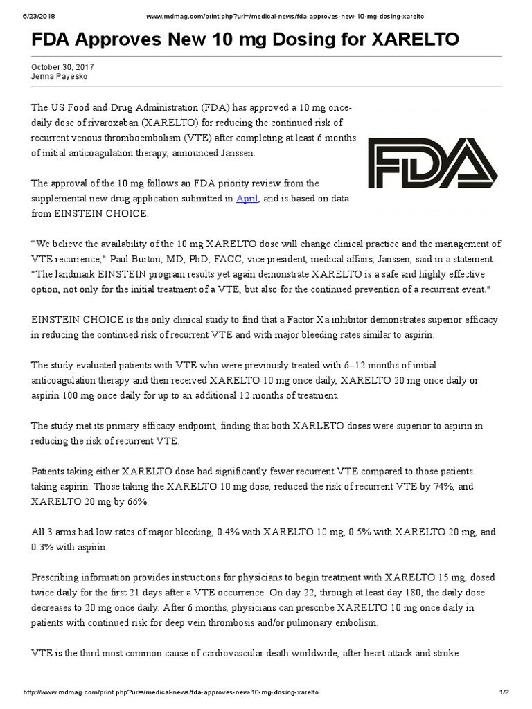 FDA Approves New 10 MG Dosing For XARELTO: April | PDF | Health Care ...