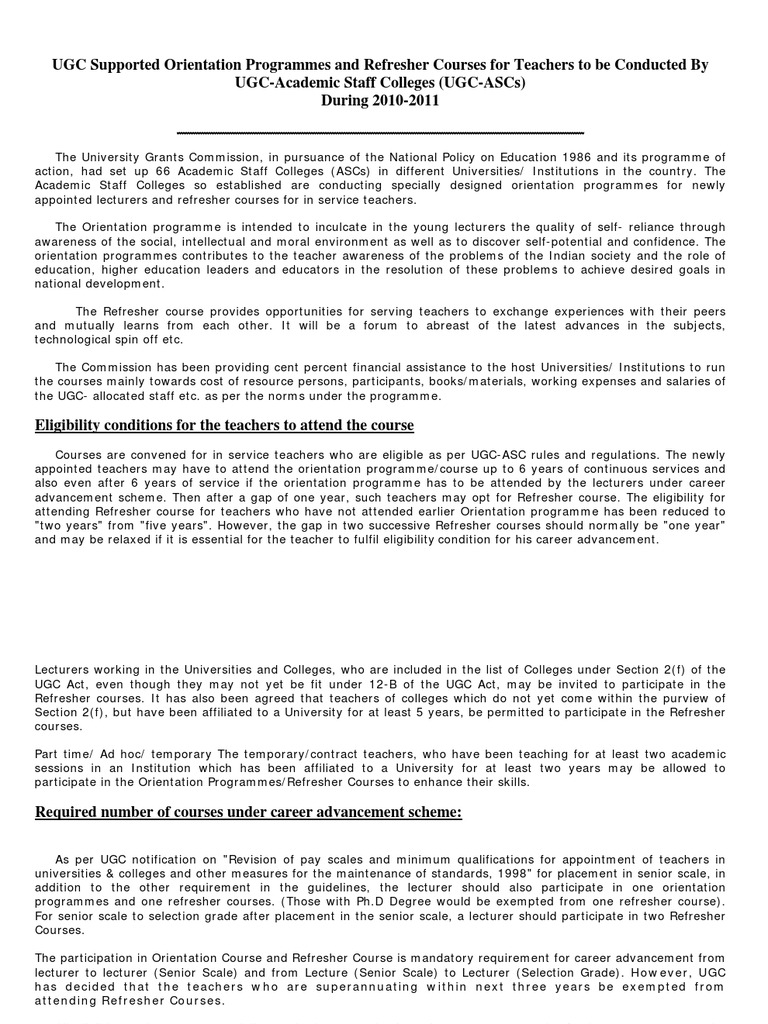 Ugc Supported Orientation Programmes and Refresher Courses For Teachers ...