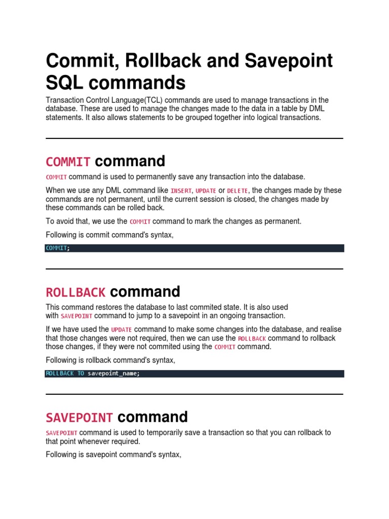 Commit Rollback And Savepoint Sql Commands Command Pdf Database Transaction Sql 1837