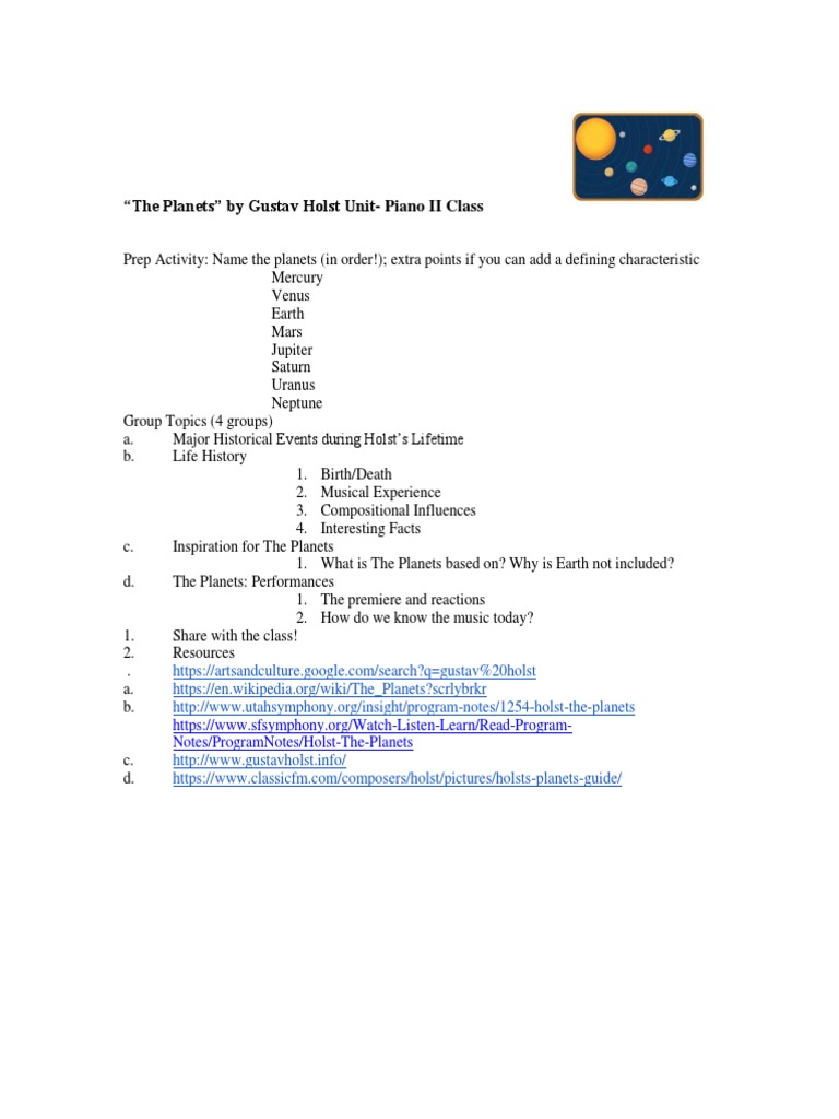 "The Planets" by Gustav Holst Unit-Piano II Class | PDF | The Planets ...