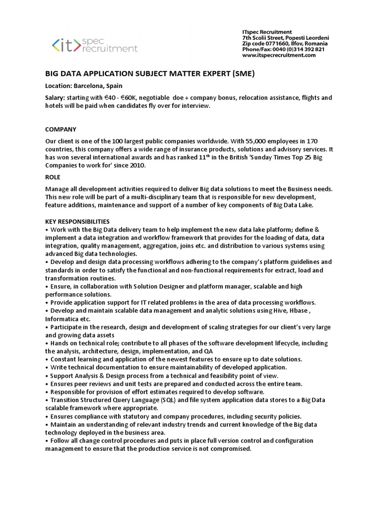 Big Data Application Subject Matter Expert (Sme) | PDF | Big Data | Software Development