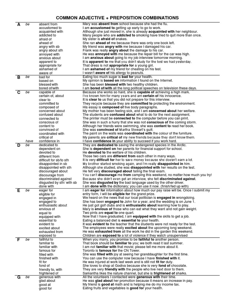 Common Adjective + Preposition Combinations | PDF | Test (Assessment)
