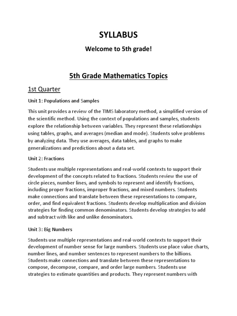Syllabus: 5th Grade Mathematics Topics | PDF | Fraction (Mathematics ...