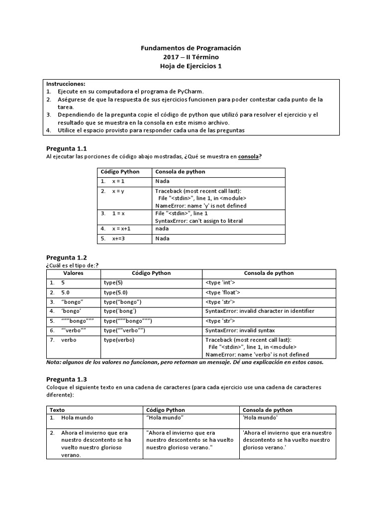 Hoja de Ejercicios 1 | PDF | Cadena (informática) | Python (lenguaje de programación)
