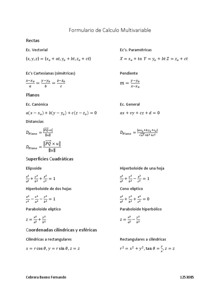 Primer Formulario de Calculo Multivariable | PDF | Formas geométricas | Matemática Elemental
