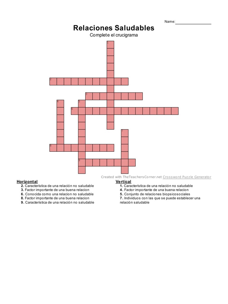 Crucigrama Relacion Saludable Equipo 5 Ing. Industrial Semestre 3 Grupo ...