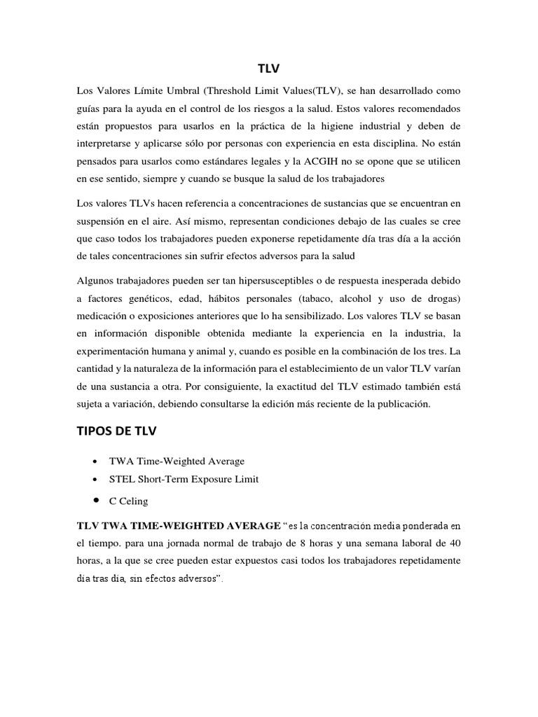 TLV TWA TIME-WEIGHTED AVERAGE "Es La Concentración Media Ponderada en ...