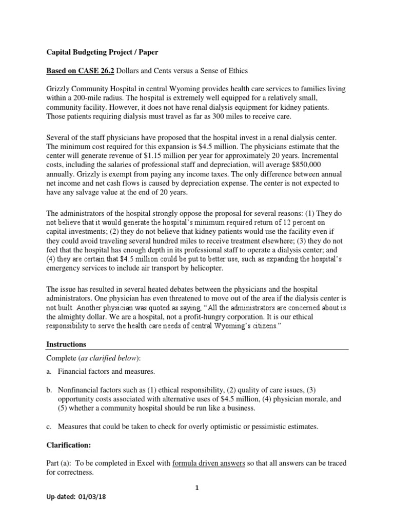 Capital Budgeting Project Instruction Rubric | PDF | Dialysis | Hospital