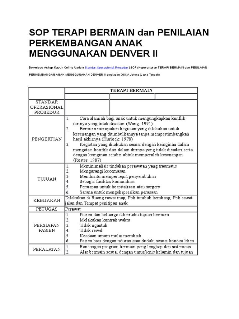 Sop Terapi Bermain Dan Penilaian Perkembangan Anak Menggunakan Denver II | PDF | Pengembangan Diri