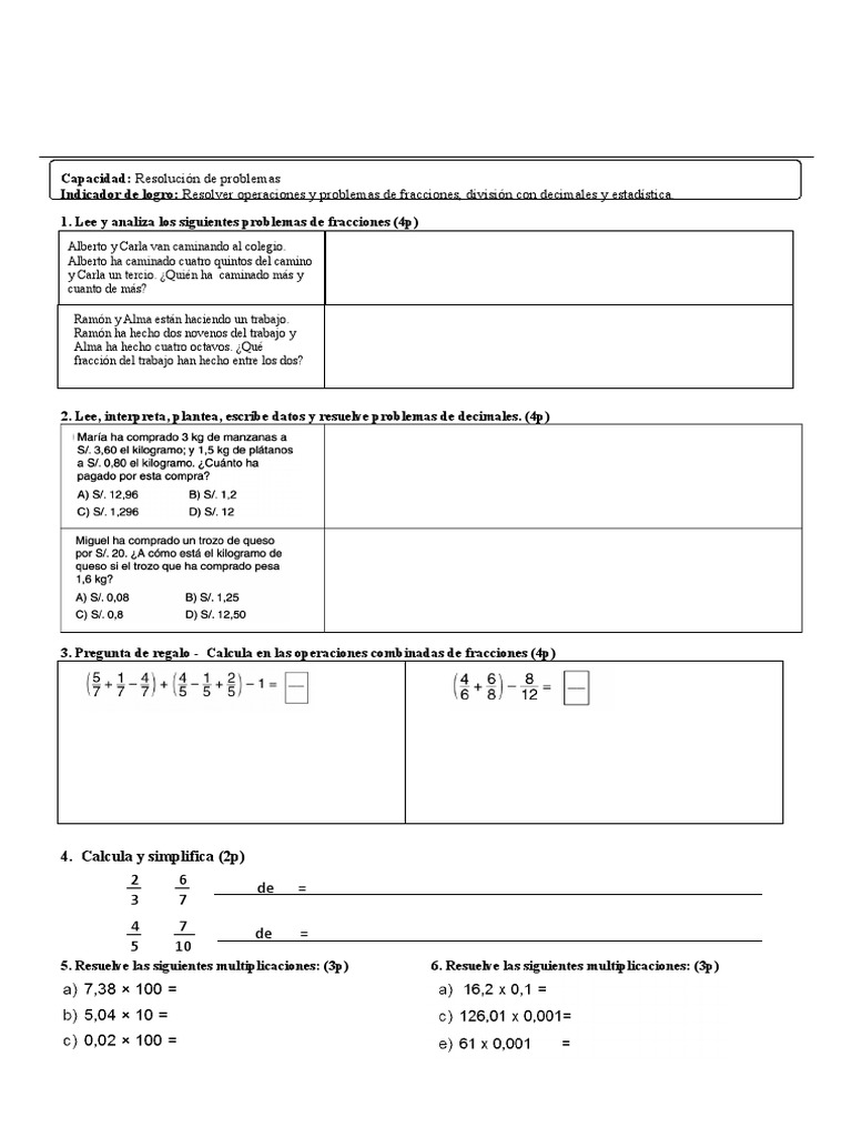 Examen de Matemática 5to Grado | PDF | Fracción (Matemáticas ...