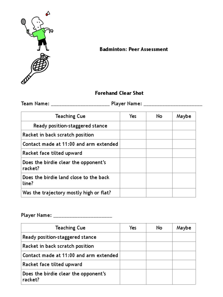 Badminton Peer Assessment Guide | PDF | Language Arts & Discipline