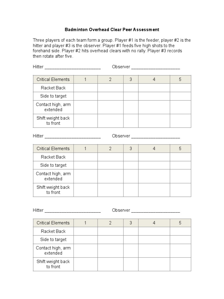 Badminton Overhead Clear Peer Assessment | PDF