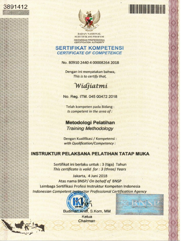 Sertifikat Instruktur BNSP Widjiatmi | PDF